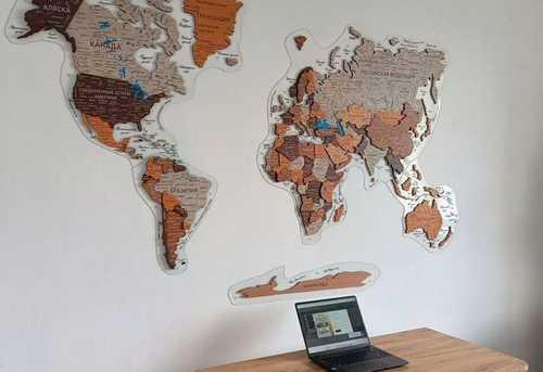 Деревянная карта мира самая подробная 3D