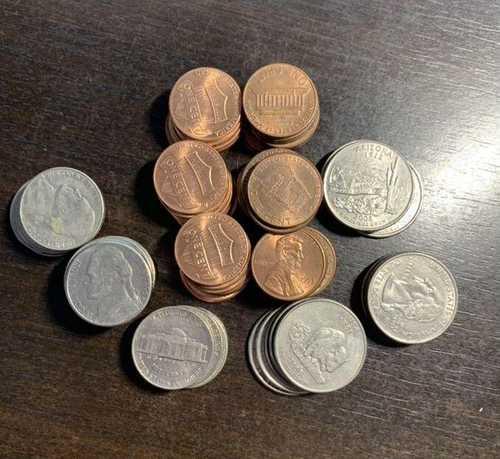 Монеты США: квотеры, дайм, 1 цент, 5 центов
