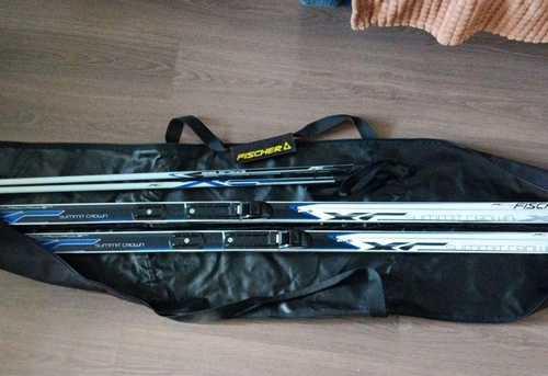 Лыжи fisher 177 с креплением + палки + мешок