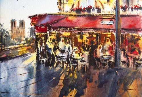 Картина акварелью кафе в Париже