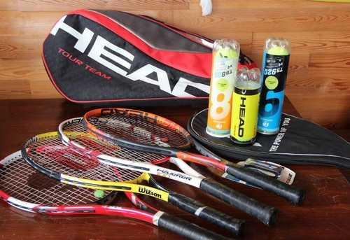 Пять теннисных ракеток и теннисная сумка