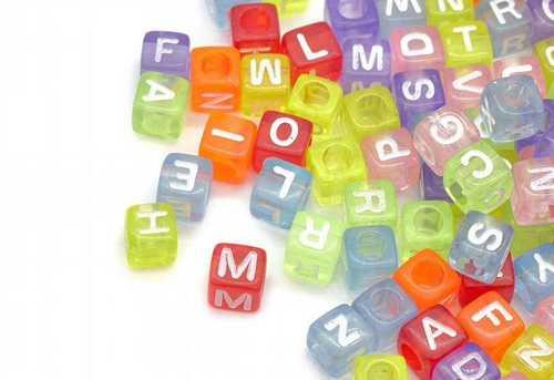 Бусины пластиковые, англ. алфавит, микс цвета, куб