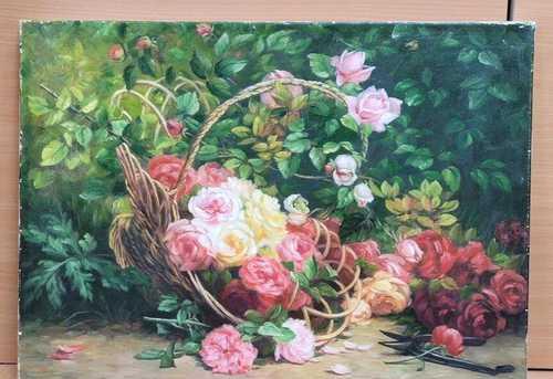 Картина масло Розы в корзине Погосян В. 55*40 см