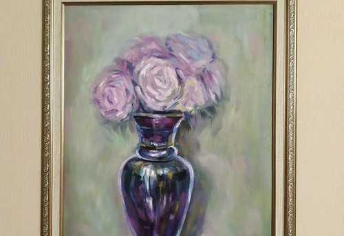 Картина маслом 40х60 "Розы в вазе" без рамы