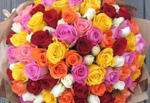 Букет разноцветных роз, Эквадор, 60см 75 шт