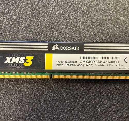 Озу Corsair XMS3 DDR3 1600MHz 4Gb CMX4GX3M1A1600C9