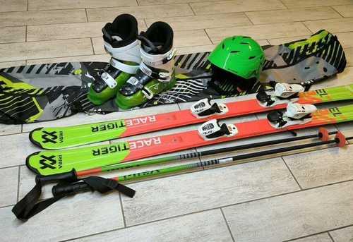 Горные лыжи 140, ботинки,шлем,палки,чехол,шлем