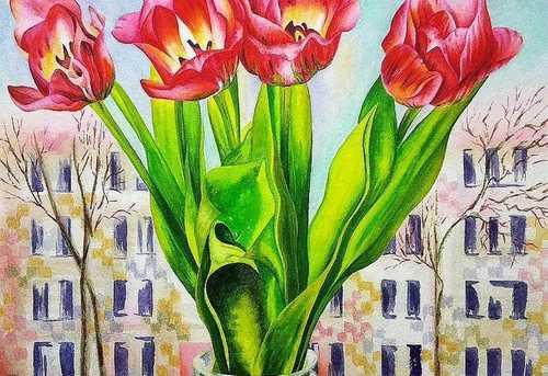 Картина акварелью "Тюльпаны на окне"