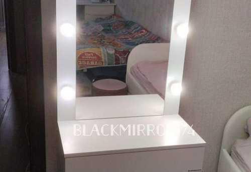 Макияжный белый стол под пуф с зеркалом
