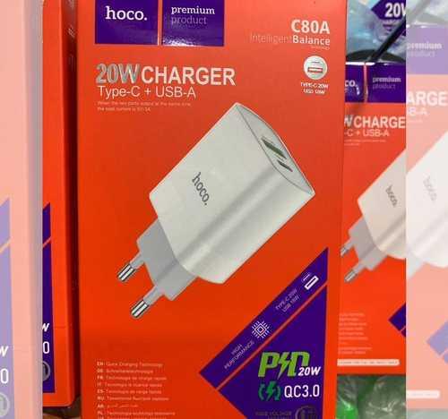 Блок питания hoco C80A 1xUSB, 1xUSB-C, 3А, PD20W