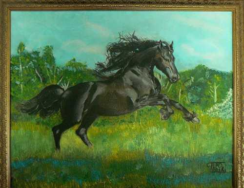 Картина "Черный конь породы Фрис"