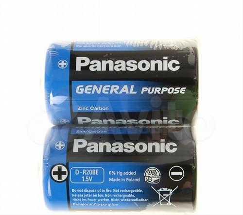 Батарейка солевая Panasonic General Purpose, D, R20-2S, 1.5В, спайка, 2 шт