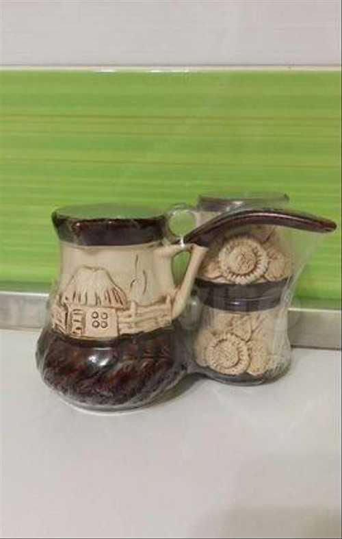 Кофейный набор глиняный. Турка и чашки
