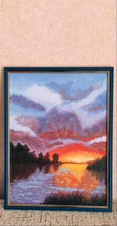 Картина маслом на холсте: Закат на озере, 30*40 см
