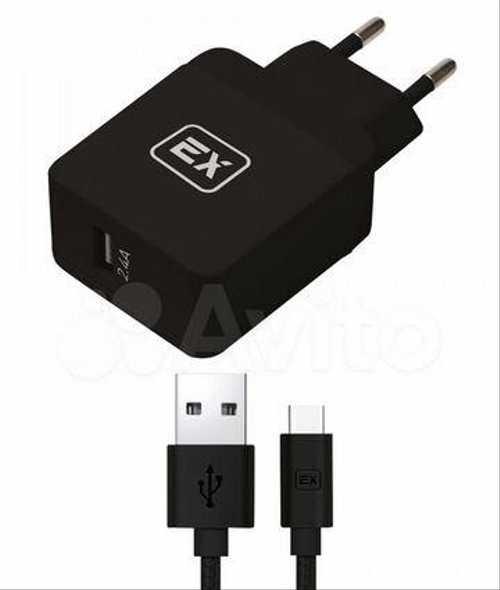Сзу 1USB 2.4A+кабель USB-Type-C Exployd Sonder QC3.0 1m Black