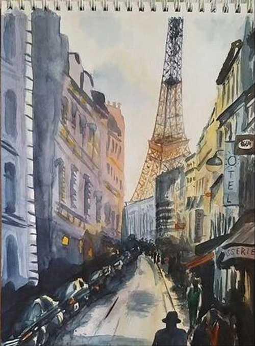 Картина акварель Париж. Мужчина в шляпе