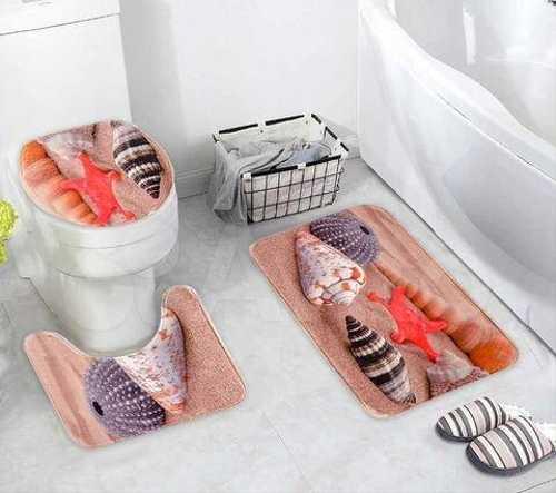 Набор ковриков для ванны и туалета Доляна "Ракушки на песке", 3 шт: 35х39, 40х50, 45х75 см