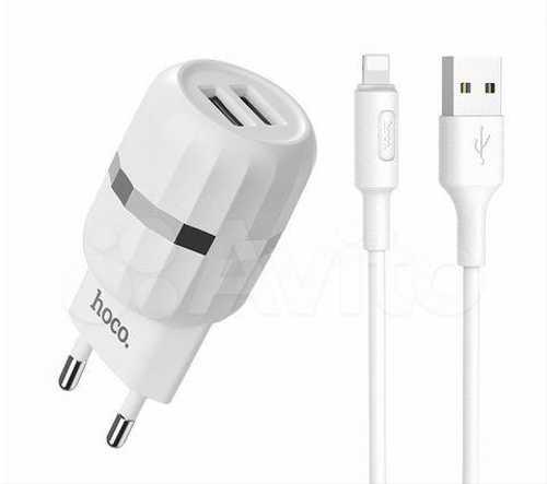Сзу USB 2.4A 2 выхода hoco C41A кабель Apple 8Pin белый
