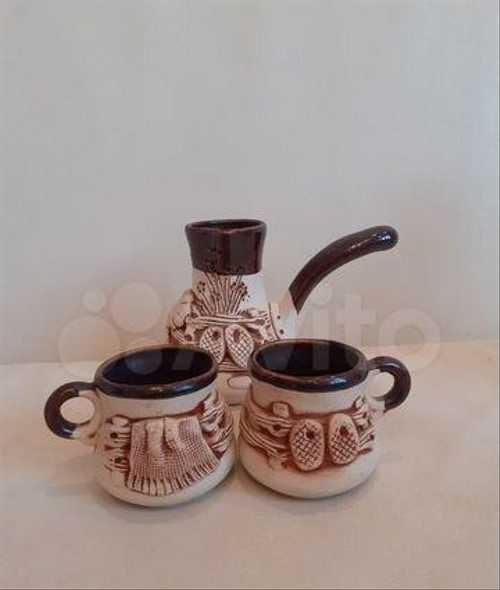 Глиняный кофейный набор +вазочка