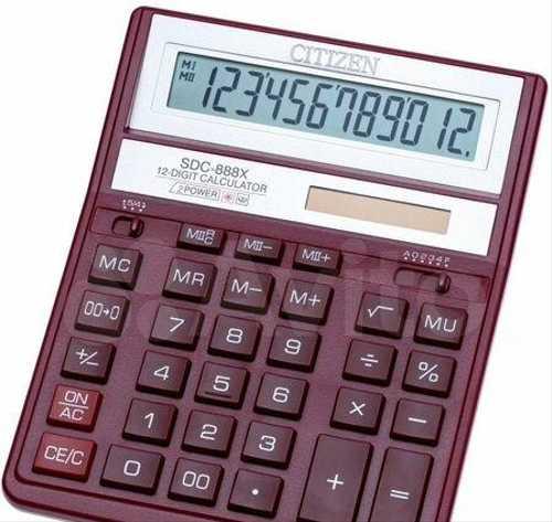 Калькулятор настольный Citizen полноразмерный, бухгалтерский, 12 разрядов, бордовый (SDC-888XRD)