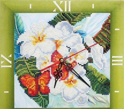 Алмазная мозаика часы Бабочки и магнолии 30х30