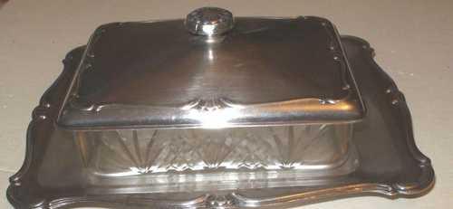 Старинная икорница (хрусталь, серебреный мельхиор)