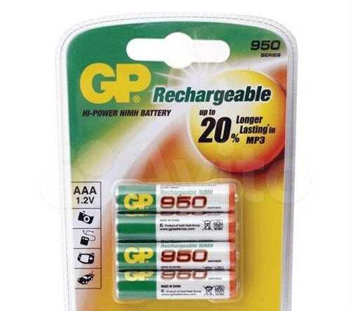 Набор батареек аккумуляторных "GP AAA(R03)", 4 штуки, емкость 950 мАч, 1000 циклов перезарядки, 1,2 В