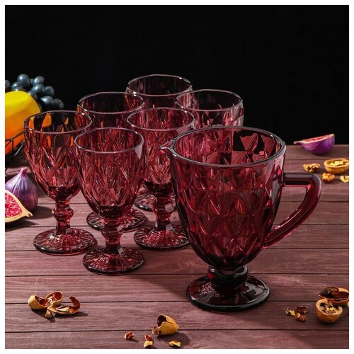 Набор для напитков из стекла «Круиз», 7 предметов: кувшин 1,1 л, 6 бокалов 300 мл, цвет розовый