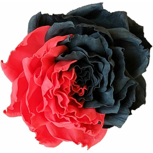 Заколка-брошь для волос/одежды/сумки крупный цветок роза реалистичная чёрная с красным 1222мп