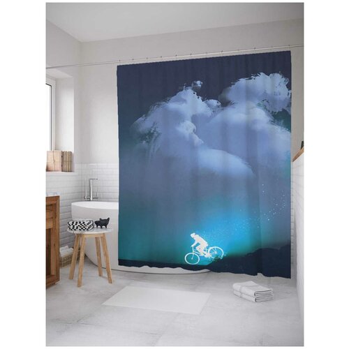 Штора водоотталкивающая для ванной, занавеска в ванную комнату тканевая JoyArty "Велосипедист под облаками", 180х200 см