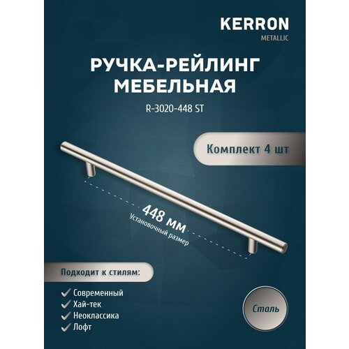 Мебельная ручка-рейлинг KERRON. Комплект из 4 шт. для ящика в шкафу и кухне. Цвет сталь, установочный размер 448 мм