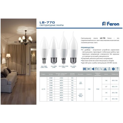 Лампа светодиодная LED 11вт Е27 дневной матовая свеча. 25945 FERON