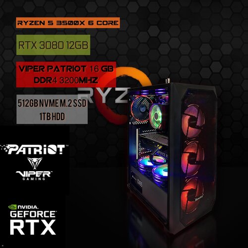 Игровой компьютер Ryzen 5, RTX 3080 10GB, Viper Patriot 16GB 3200MHz, NVMe 512GB, HDD 1TB, 8 aRGB кулеров.