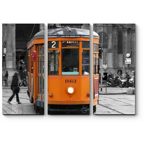 Модульная картина Оранжевый трамвай на сером городском фоне120x86