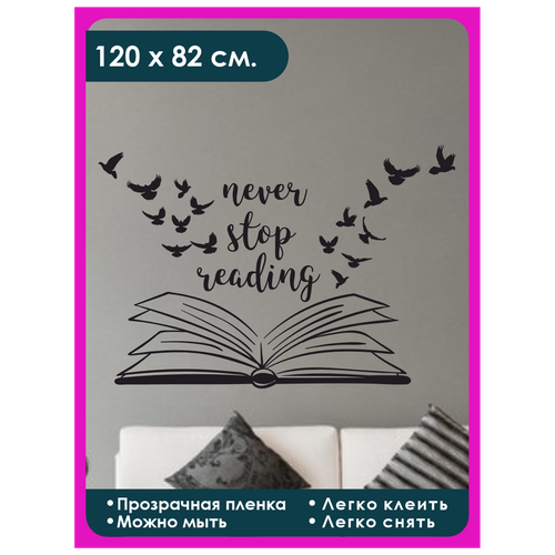Наклейка для интерьера "Стая птиц и страницы книги / силуэт птицы / never stop reading"