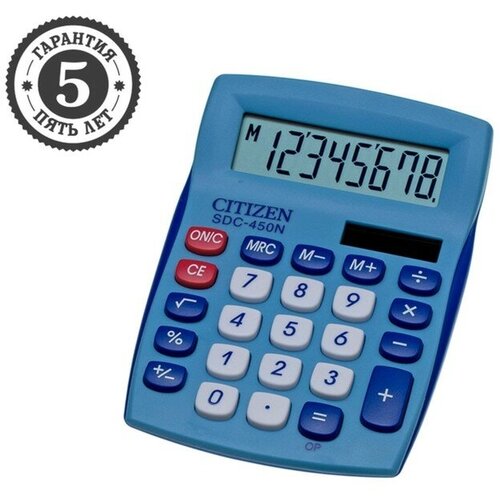 Калькулятор настольный Citizen "SDC-450NBLCFS", 8-разрядный, 120 х 87 х 22 мм, двойное питание, синий