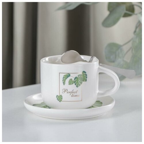 Набор керамический чайный с ложкой «Ботаника», 2 предмета: чашка 200 мл, блюдце, цвет микс