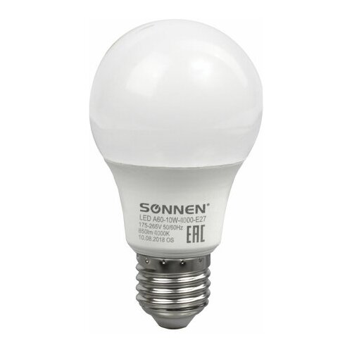 Лампа светодиодная SONNEN 453696, E27, A60, 10 Вт, 4000 К
