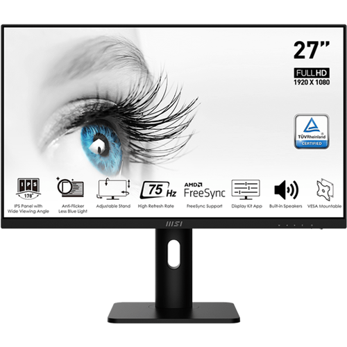 MSI PRO MP273P 27" 16:9 FHD(1920x1080)IPS, 5ms(GTG), 1000:1, 100M:1, 250nit, 178/178, HDMI 1.4b, DP 1.2a, Speaker, VESA, Tilt, 75Hz, Kensington Loc.