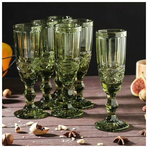 Набор бокалов стеклянных для шампанского Magistro Ла Манш, 160 мл, 7x20 см, 6 шт, цвет зелёный