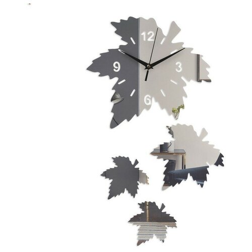 SUI Часы-наклейка "Кленовый лист", часы 25 х 28 см, композиция 56 х 33 см, 1 АА, серебро