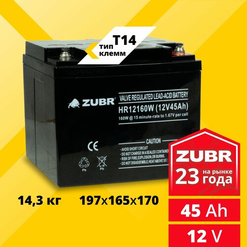 Аккумулятор для ибп 12v 45Ah ZUBR T14 акб для детского электромобиля, мотоцикла, машинки, эхолота, инвалидной коляски, кассы, сигнализации, освещения