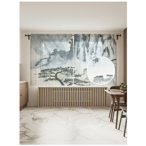 Тюль, фототюль короткий JoyArty "Японский пейзаж" высота 180 см, ширина 145 см (2 полотна) на шторной ленте, крючки в комплекте