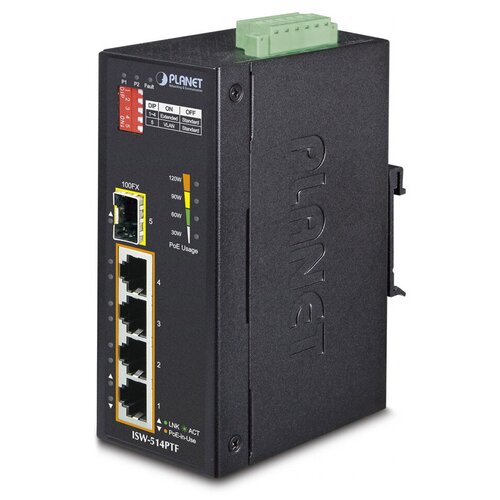 Коммутатор PLANET ISW-514PTF (IP30 4-Port/TP + 1-Port Fiber(SFP) POE Industrial Fast Ethernet Switch (-40 to 75 C))