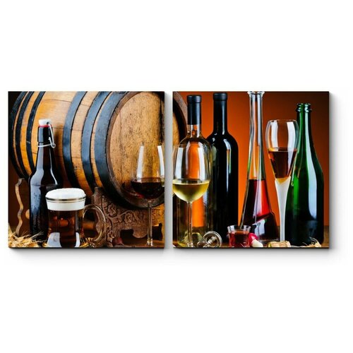 Модульная картина Натюрморт с деревянной бочкой и вином 60x30