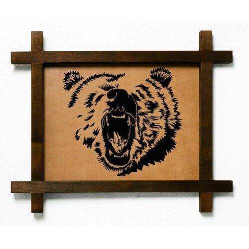 Картина на натуральной коже "Медведь", интерьерная, холст для украшения и декора на стену кухни гостиной детской комнаты спальни в деревянной рамке