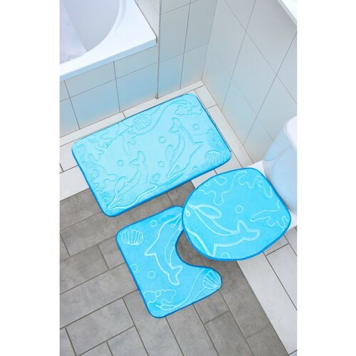 Набор ковриков для ванной и туалета «Дельфины», 3 шт: 39×43, 40×50, 50×80 см, цвет микс