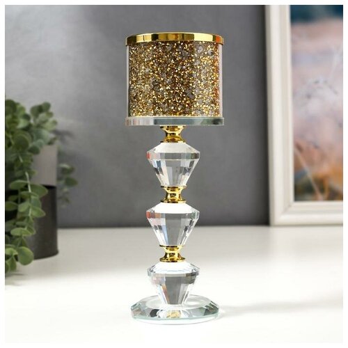 SUI Подсвечник стекло на 1 свечу "Золотые камешки" ножка с кристаллами 21х7,5х7,5 см