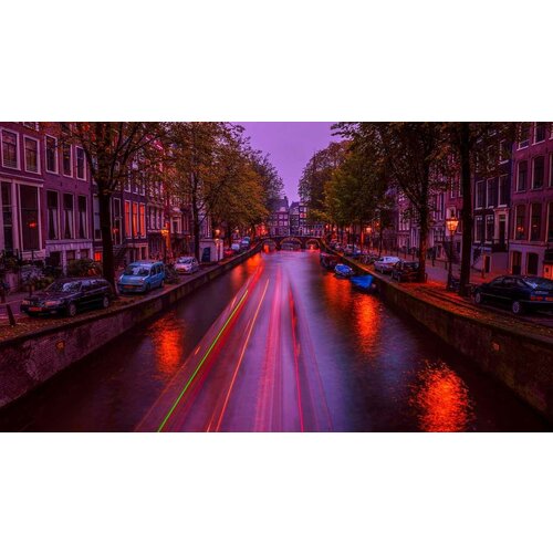Картина на холсте 60x110 LinxOne "Канал Амстердама ночью Нидерланды" интерьерная для дома / на стену / на кухню / с подрамником