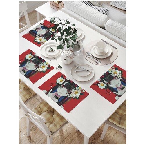 Салфетки на стол для сервировки прямоугольные, плейсмат JoyArty "Девушка с цветами", 32x46 см, в комплекте 4шт.